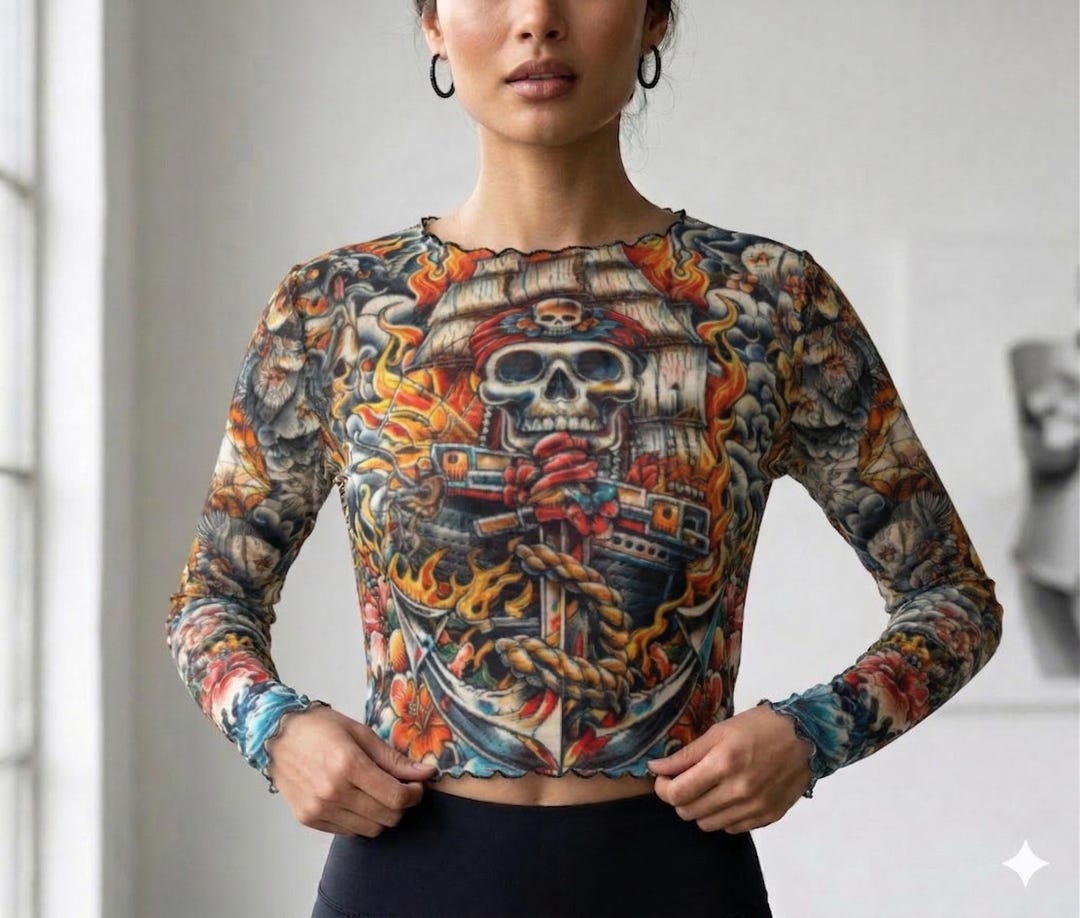Jolly Roger Pirate Skull Mesh Blouse See Thru Tattoo Top Shirt, Sheer ...