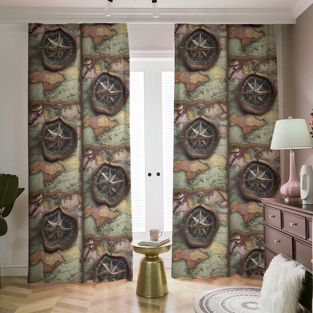 Nordic Compass Map Blackout Curtains, Opaque Window Drapes, Living Room ...
