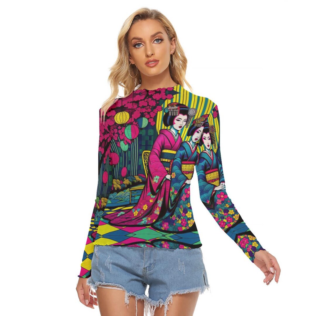 Pop Art Geisha Girl Mesh See Thru Top Blouse Long Sleeve Shirt Sheer ...