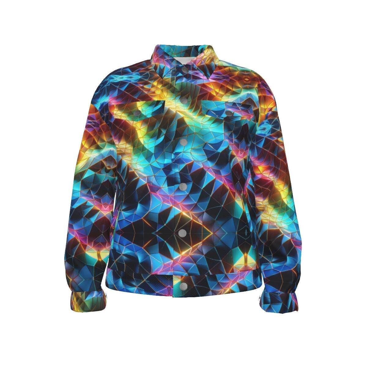 Rainbow Hologram Cotton Denim Jacket, Unisex Lightweight Rave Festival ...