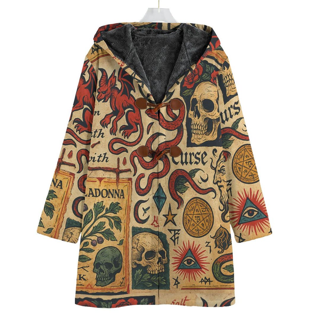 Grimoire Magic Spell Cotton Jacket, Witchcraft Sherpa Fleece Overcoat ...