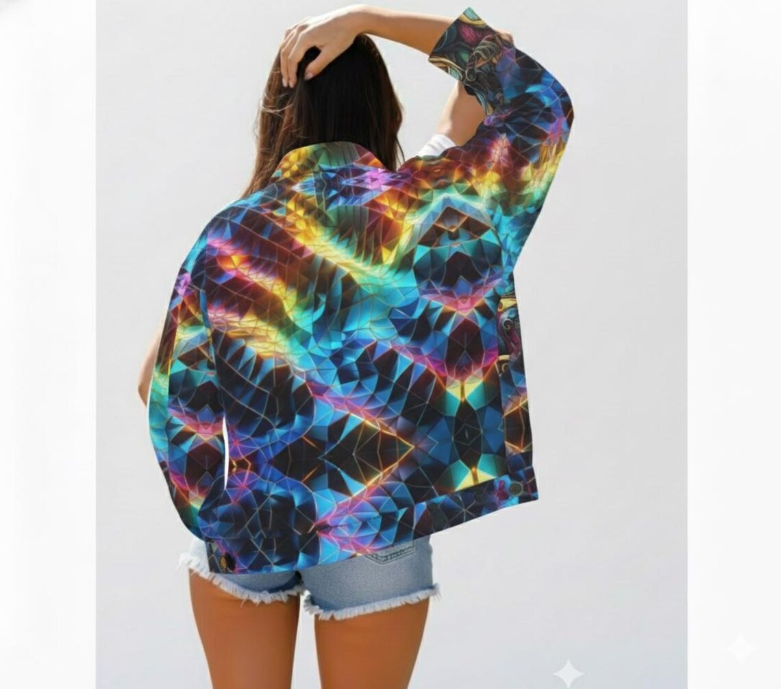 Rainbow Hologram Cotton Denim Jacket, Unisex Lightweight Rave Festival ...