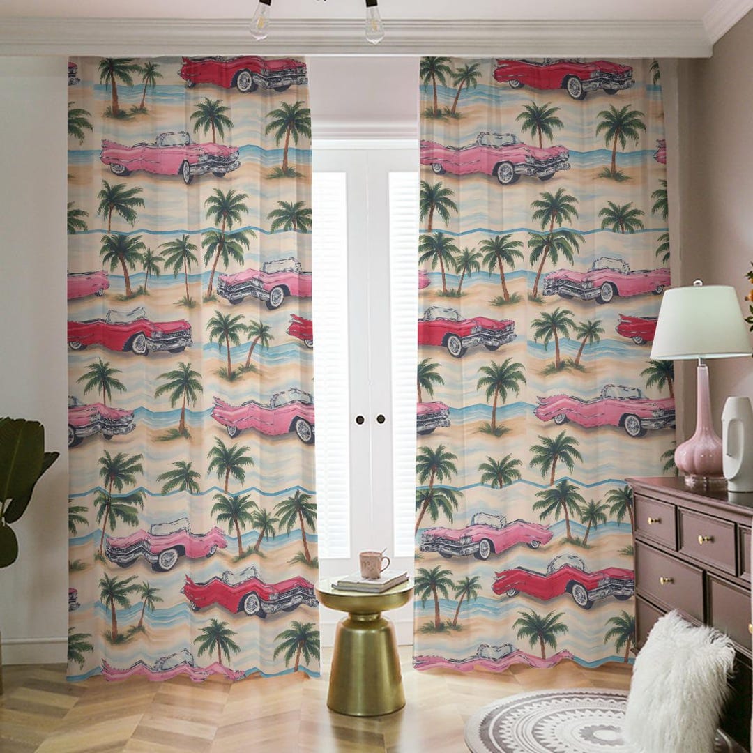 Pink Caddy Retro Cadillac Palm Tree Blackout Curtains Room Darkening ...