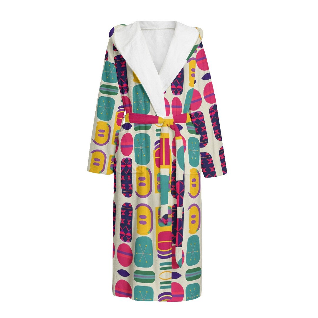 Geometric Abstract Art Robe Mid Century Modernist Hooded Bathrobe Cozy ...