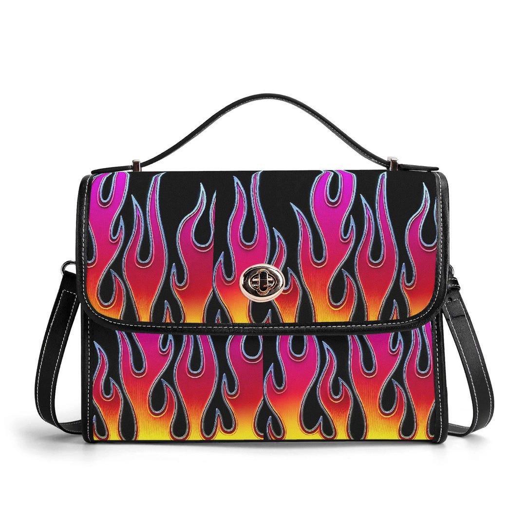 Red Flames Genuine Leather Satchel, Biker Leather Handbag, Rockabilly ...