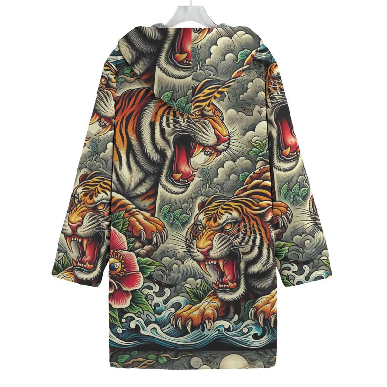 Tiger Tattoo Long Cotton Jacket, Sherpa Fleece Overcoat, Hooded Cloak ...