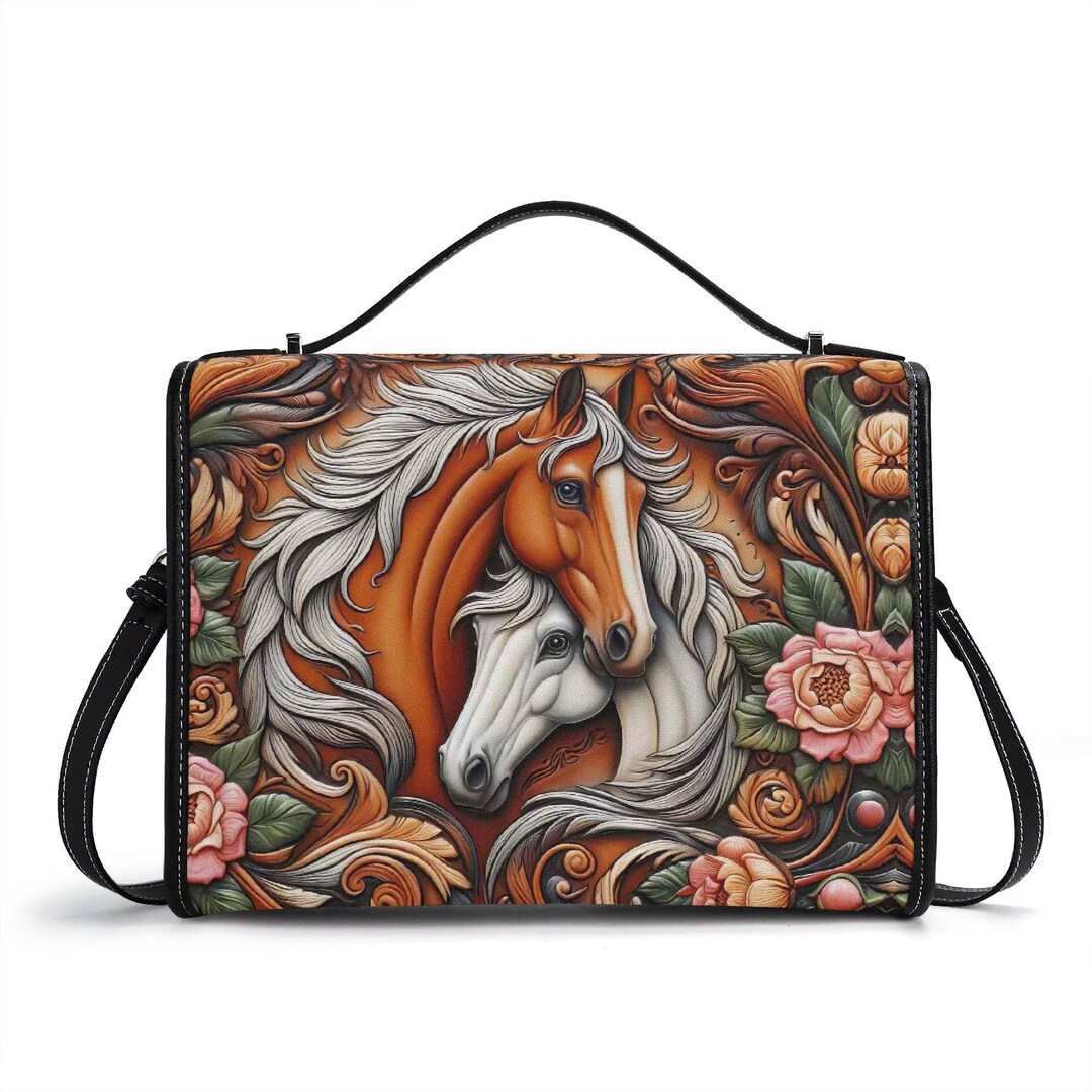 Western Horse Satchel Bag, Genuine Leather Top Grain Cowboy Handbag ...