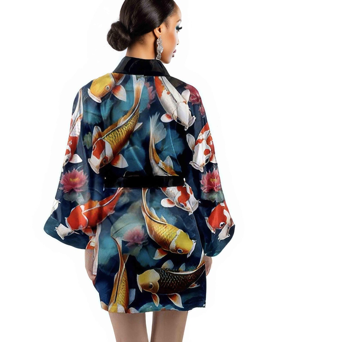Koi Fish Satin Kimono , Floral Long Sleeve Robe, Bohemian Loungewear ...