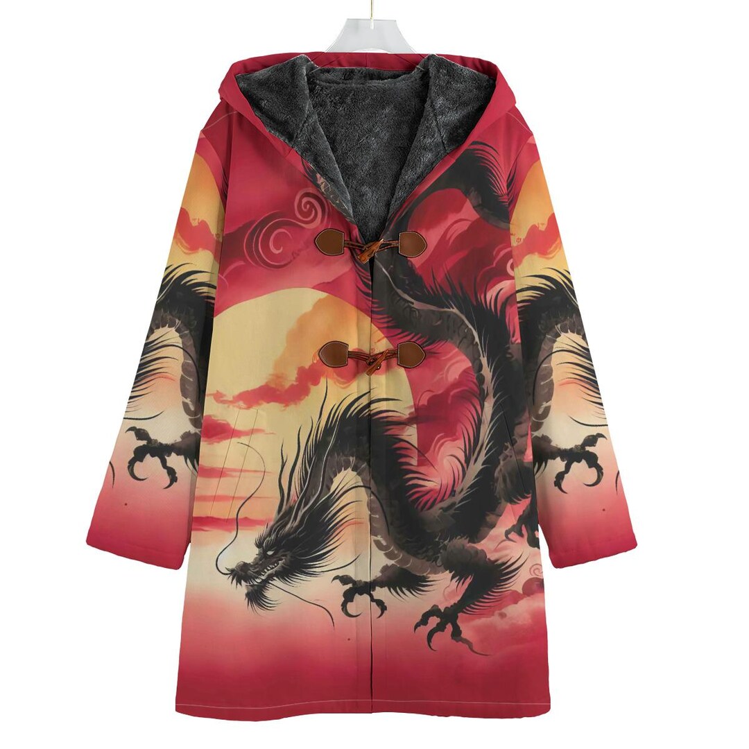 Tie Dye Red Sumi-e Dragon Cotton Canvas Hooded Jacket Cloak Fur Unisex ...
