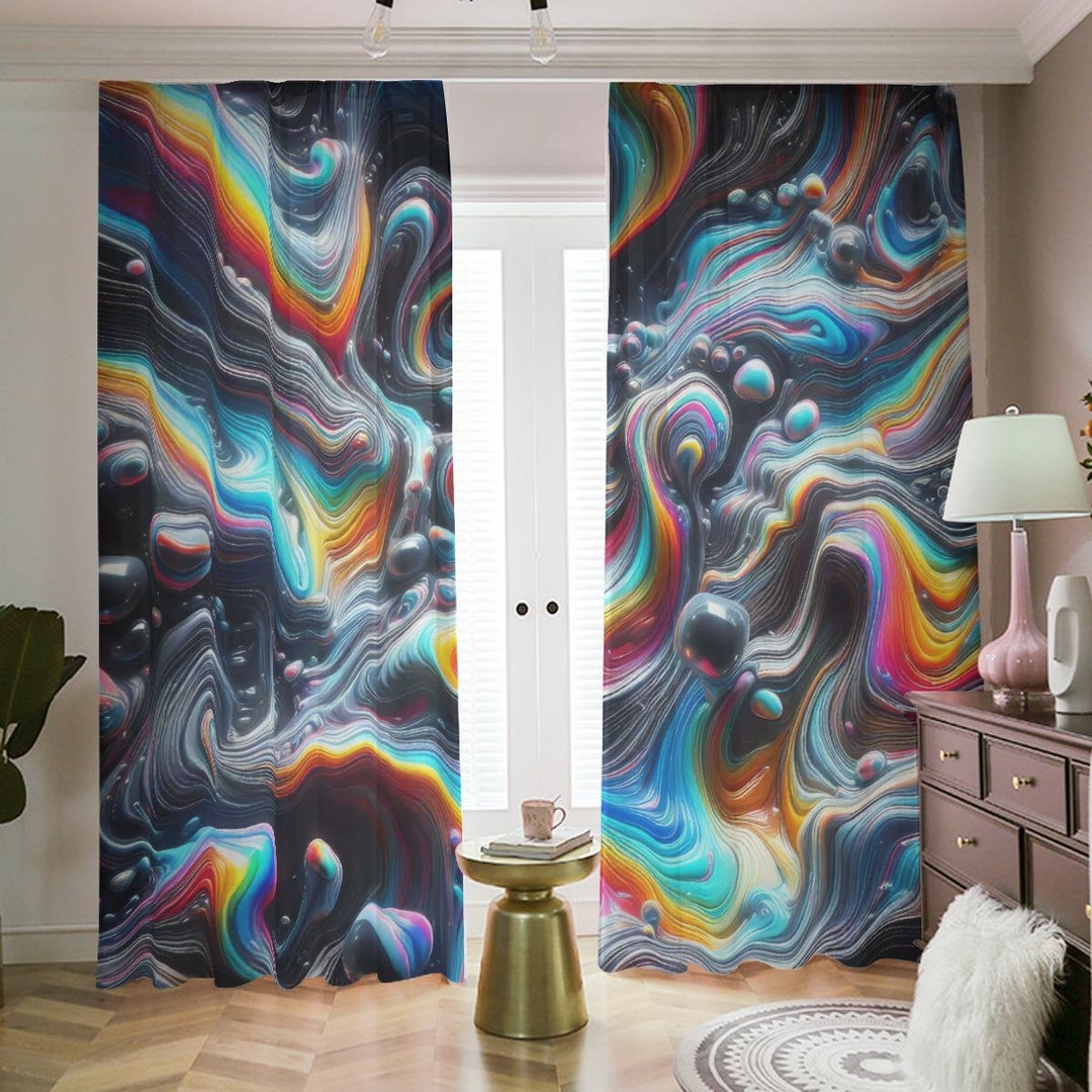 Oil Slick Rainbow Blackout Curtains | Set of 2 Rod Pocket Drapes ...