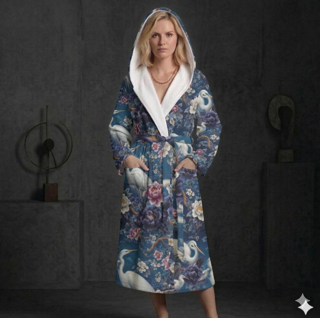 Lush Egret Floral Purple Hooded Bathrobe, Unisex Robe, Trippy Thick ...