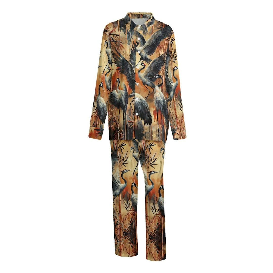 Chinoise Cranes Satin Pajamas Vibrant Imitation Silk Lounge Set Trippy ...