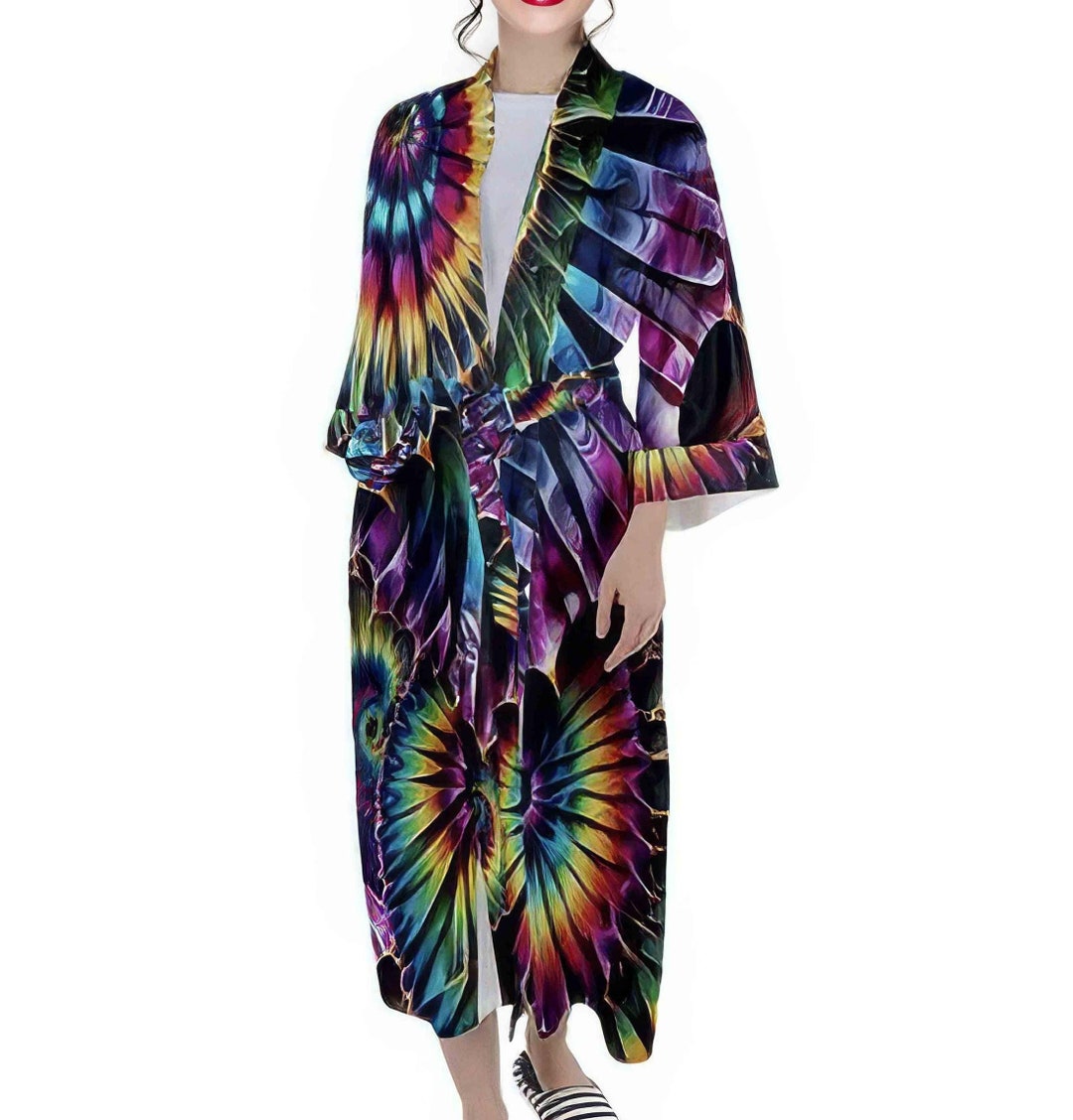 Tie Dye Kimono Robe, Rainbow, Satin Maxi Long Bathrobe, Rainbow, Luxury ...
