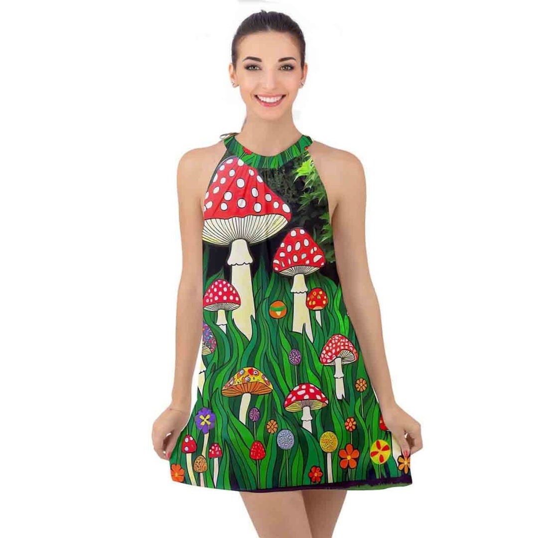 Psychedelic Mushroom Dress Halter Swing Mini Sleeveless Cocktail ...