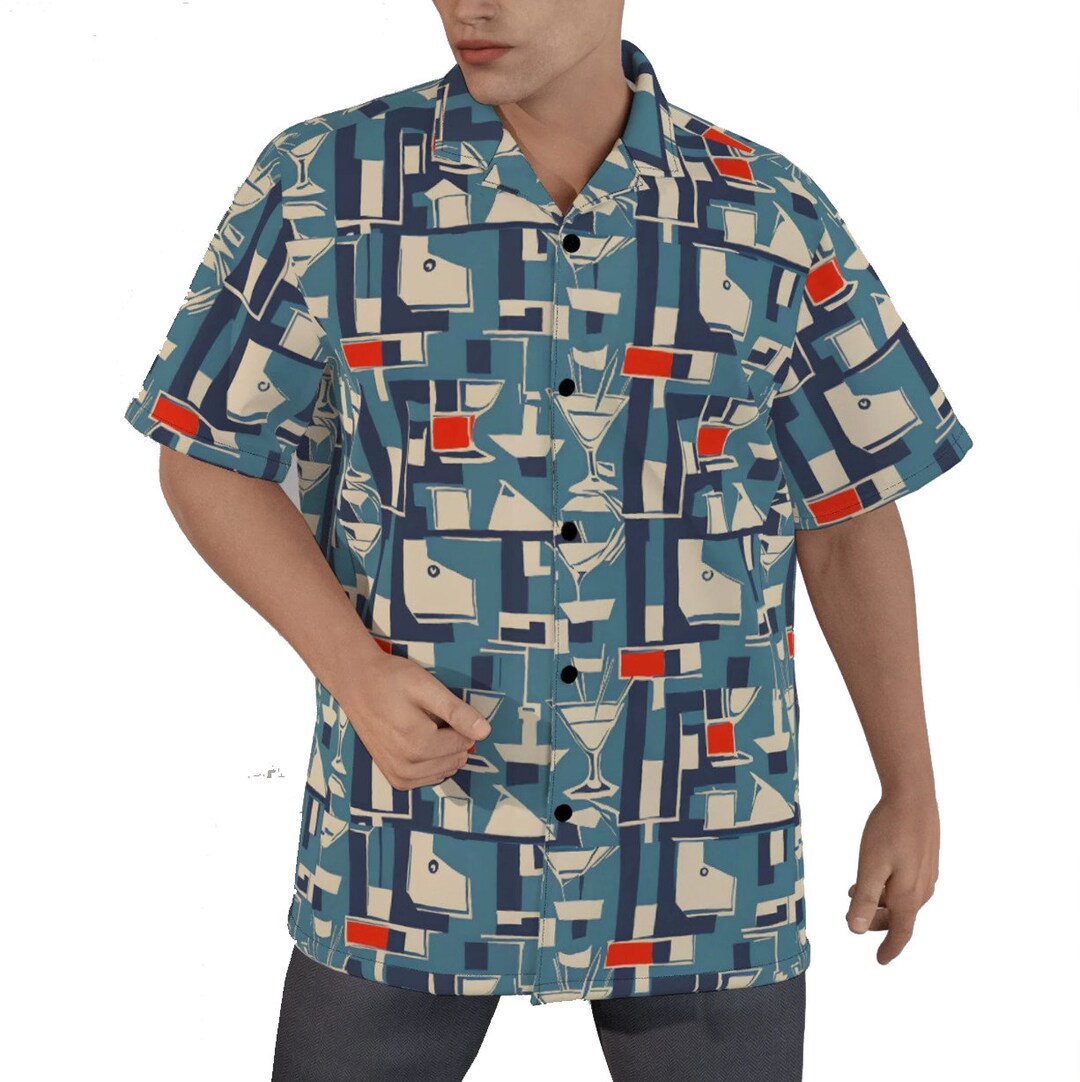 Blue Retro MCM Shirt, Martini Glasses, Cotton Short Sleeve Button Up ...