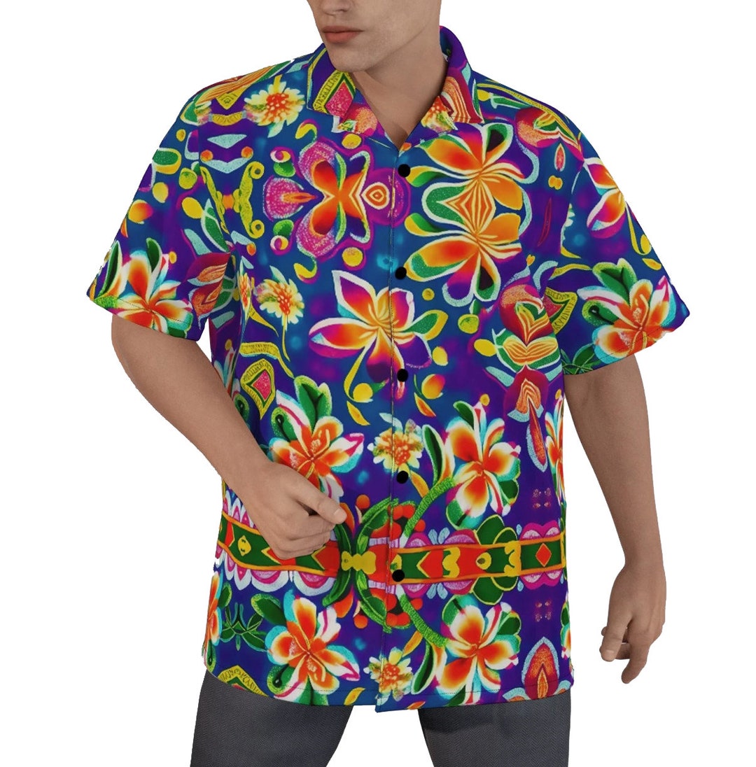Psychedelic Floral Batik Neon Aloha Hawaiian Shirt Cotton Dress Short ...