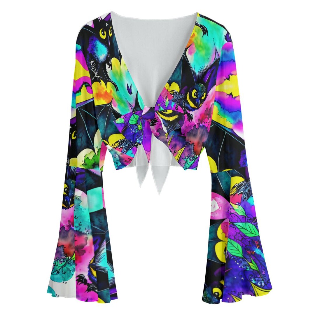 Trippy Bats, Retro Mesh Crop Top, Bell Sleeves Rave Hippie, Belly ...