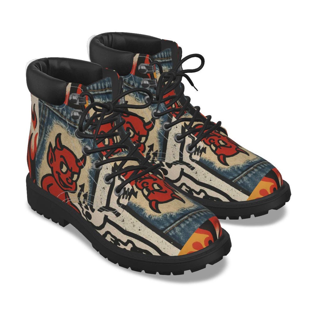 Devil Flames Skull Mens Combat Work Boots Punk Rock Music Audio ...