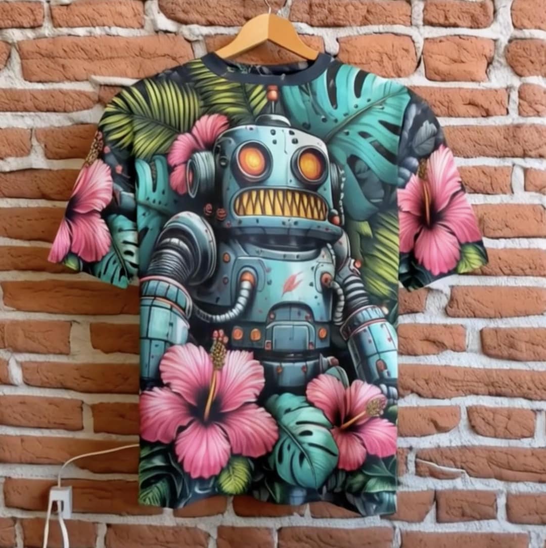 Aloha Robot Cotton Shirt Oversized 100% All Over Print Cotton Tee Shirt ...