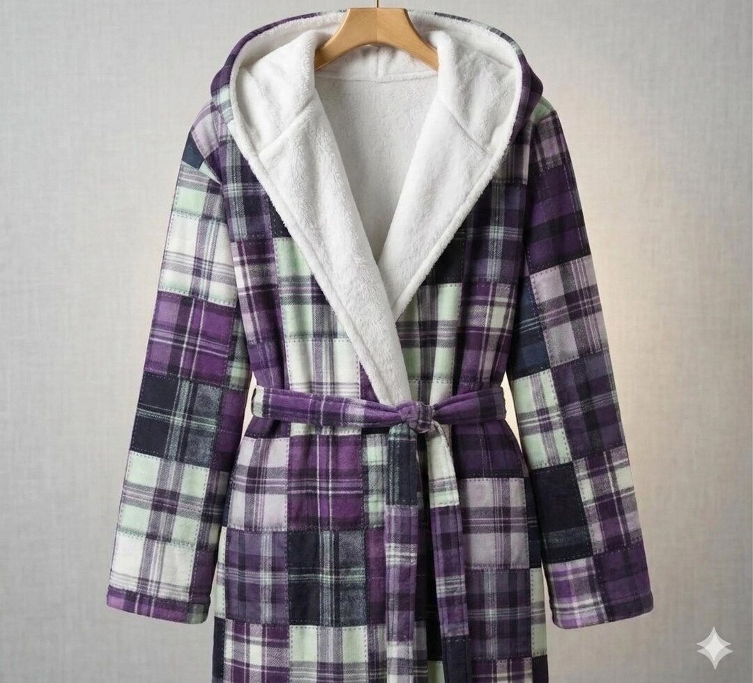 Purple Madras Plaid Long Bathrobe Lavender Patchwork Hooded Cozy Preppy ...