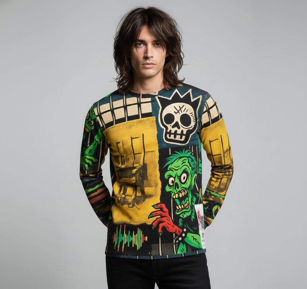 Zombie Pop Art Chains Slash 3D Illusion Mens Cotton Crew Neck Long ...