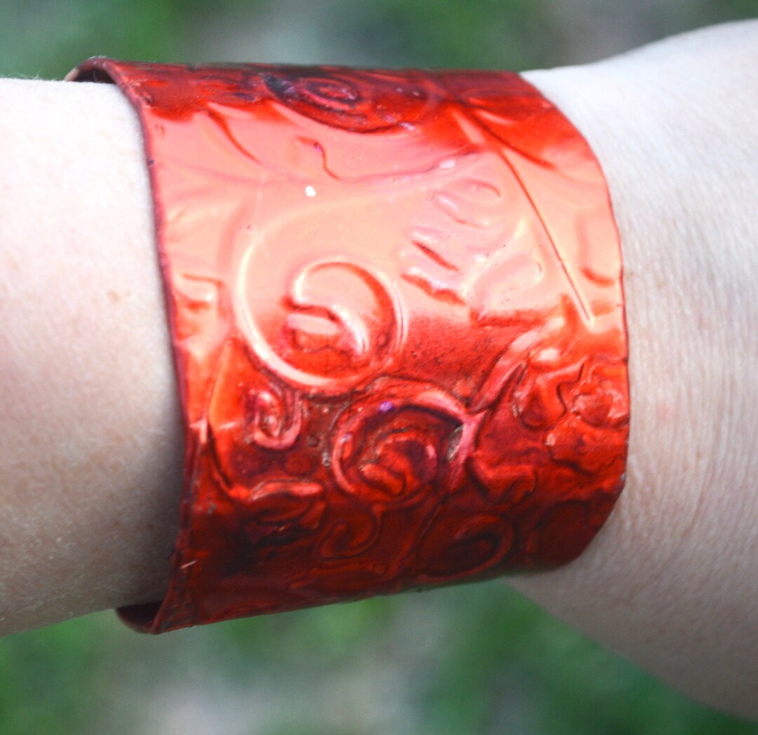 Red Patina Floral Wide Solid Copper Cuff Bracelet Handmade Valentines ...