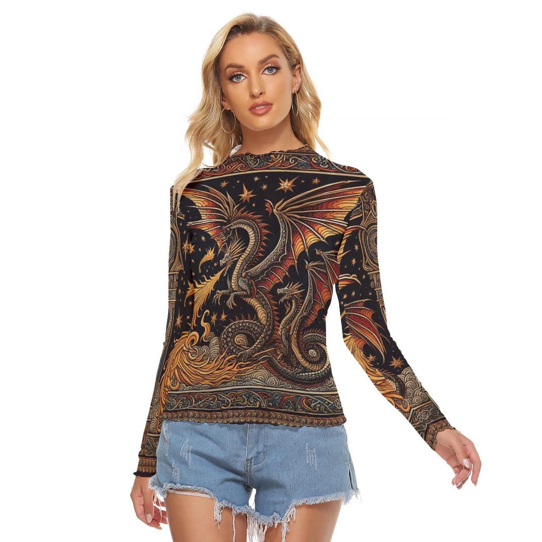 Dragon Mesh Top See Thru Shirt Blouse Tattoo Skin Tight Sheer Gift Club ...