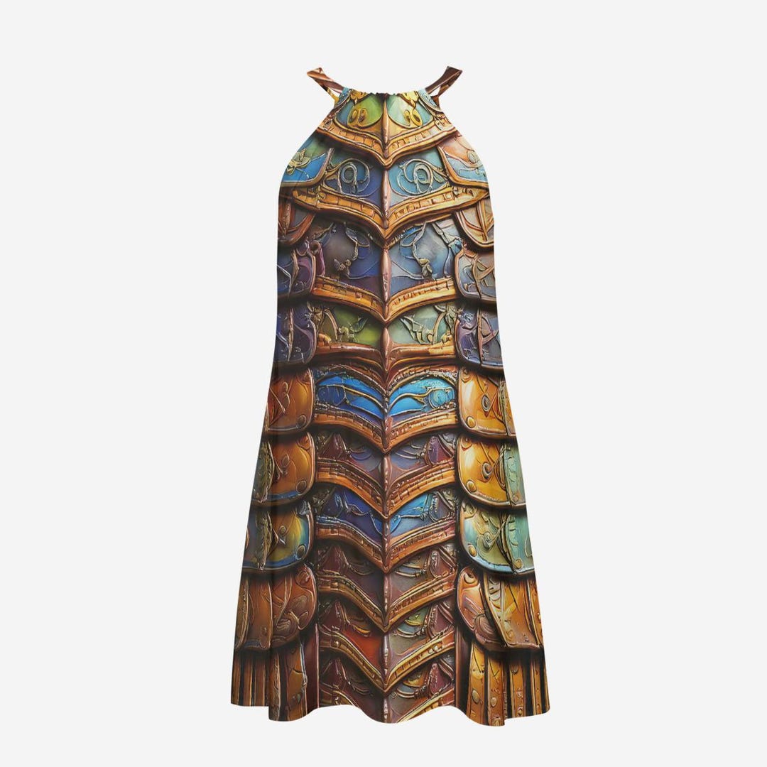 Medieval Halter Dress Gladiator Rayon Tie Neck Viking Armor Metallic ...