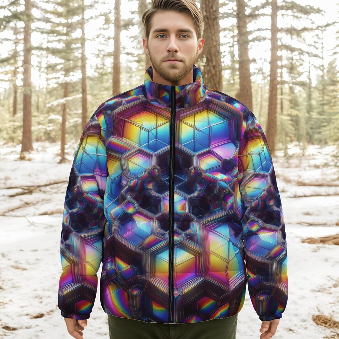 Trippy Rainbow Puffer Coat, Genuine Duck Down Jacket, Quilted Unisex ...