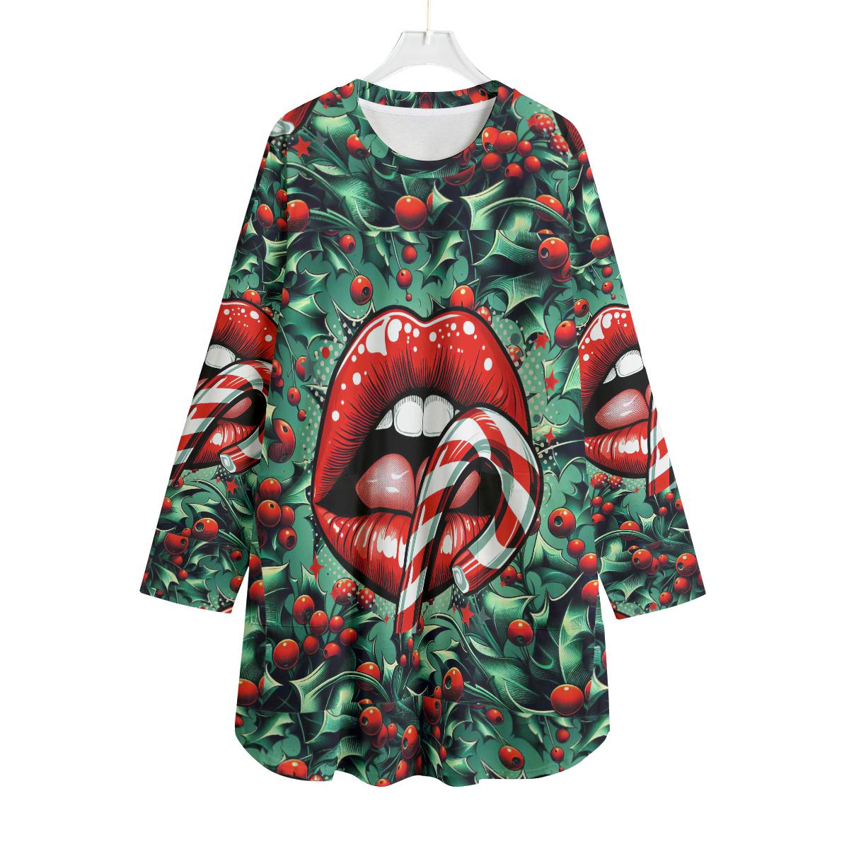 Peppermint Holly Lips Cotton Sweatshirt Dress, Tunic With Pockets ...