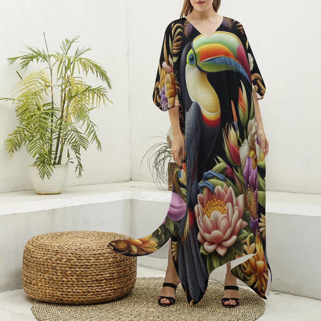 Aloha Tropical Kaftan, Toucan Bird Caftan, Pastoral Kimono Robe, Dark ...