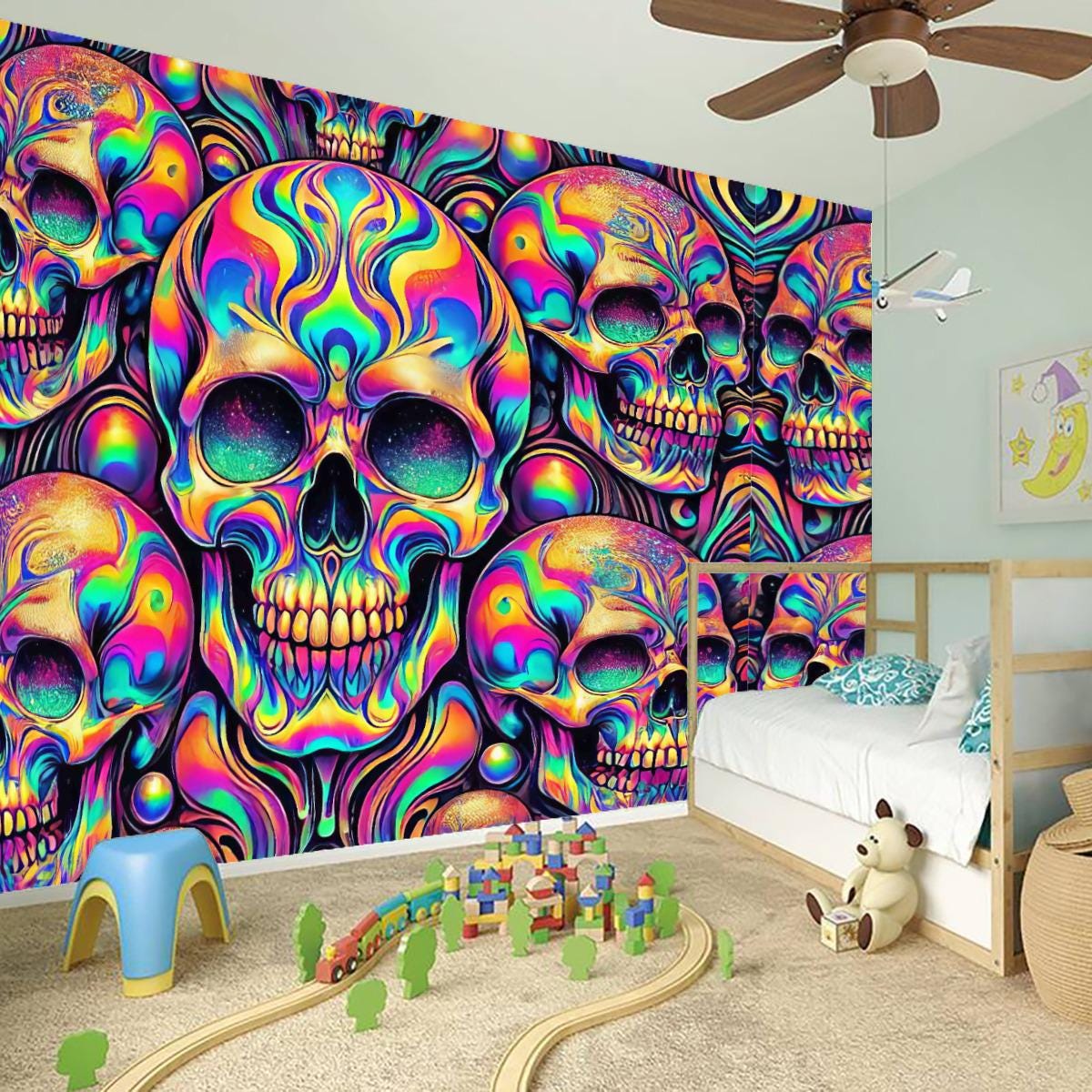 Psychedelic Skull Wallpaper Peel and Stick, Vinyl Wall Mural, Purple ...