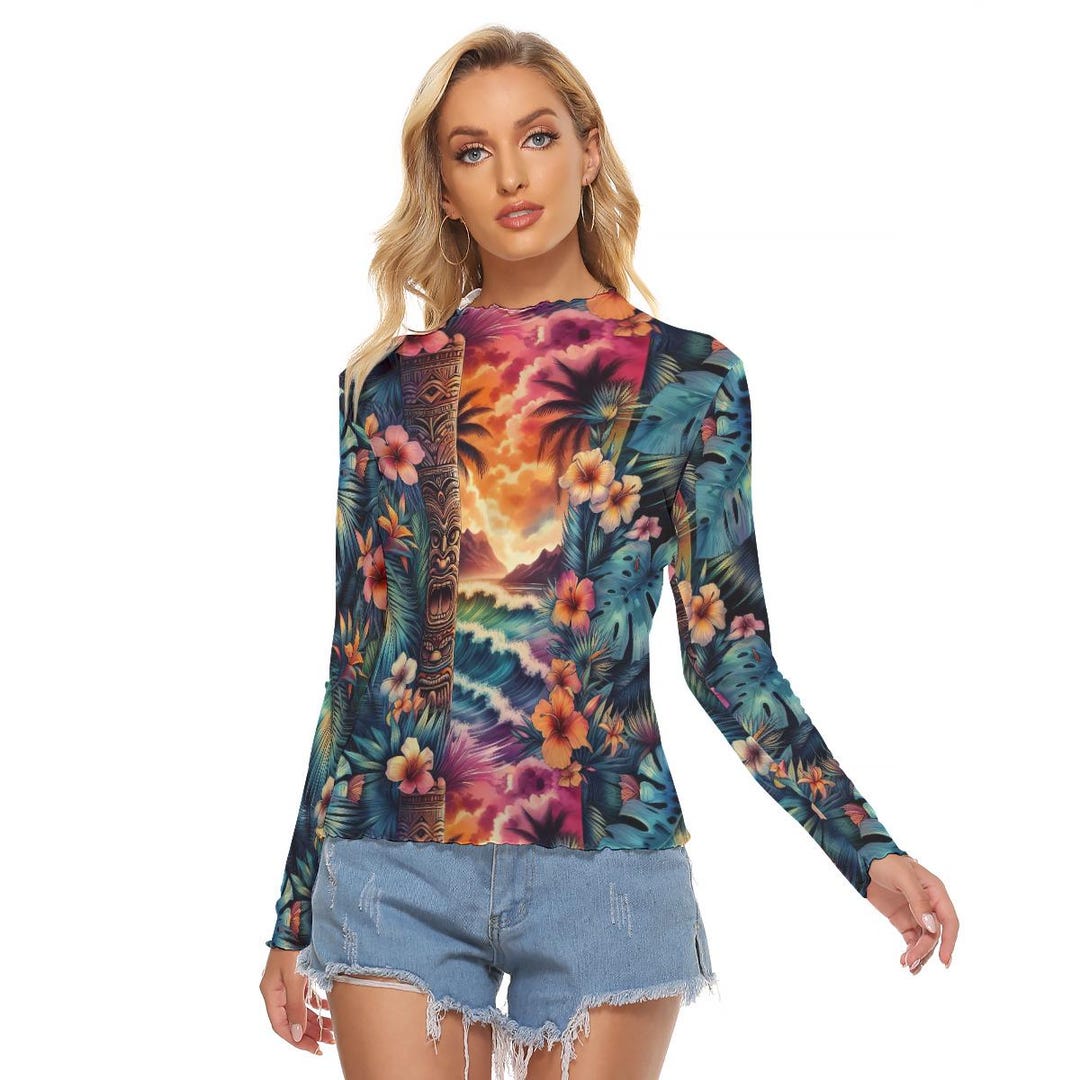 Hawaiian Sunset Mesh Top See Thru Shirt Blouse Tattoo Skin Tight Sheer ...