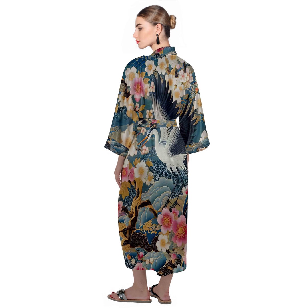 Peony Crane Kimono, Cherry Blossom Robe, Mountains, Satin Maxi Long ...