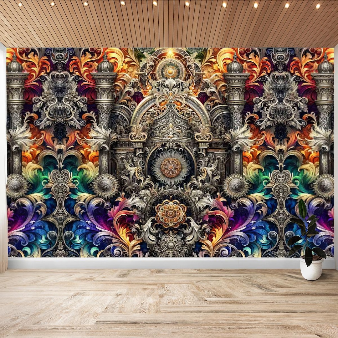 Psychedelic Wallpaper Peel and Stick, Vinyl Wall Mural, Baroque Rainbow ...