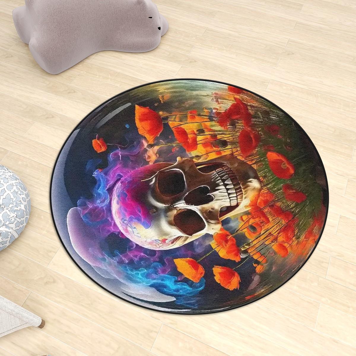 Poppy Skull Round Rug, Optical Illusion 3d Rugs, Circle Mats, Playroom ...