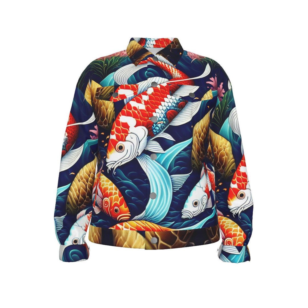 Koi Fish Cotton Denim Jacket Casual Lightweight Shacket Button up Shirt ...