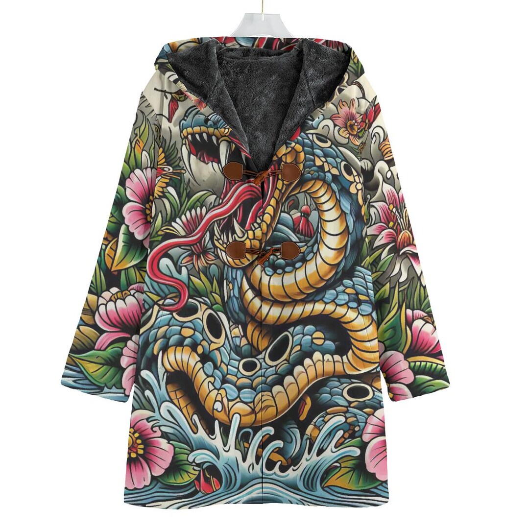 Snake Tattoo Long Cotton Jacket, Sherpa Fleece Overcoat, Hooded Cloak ...