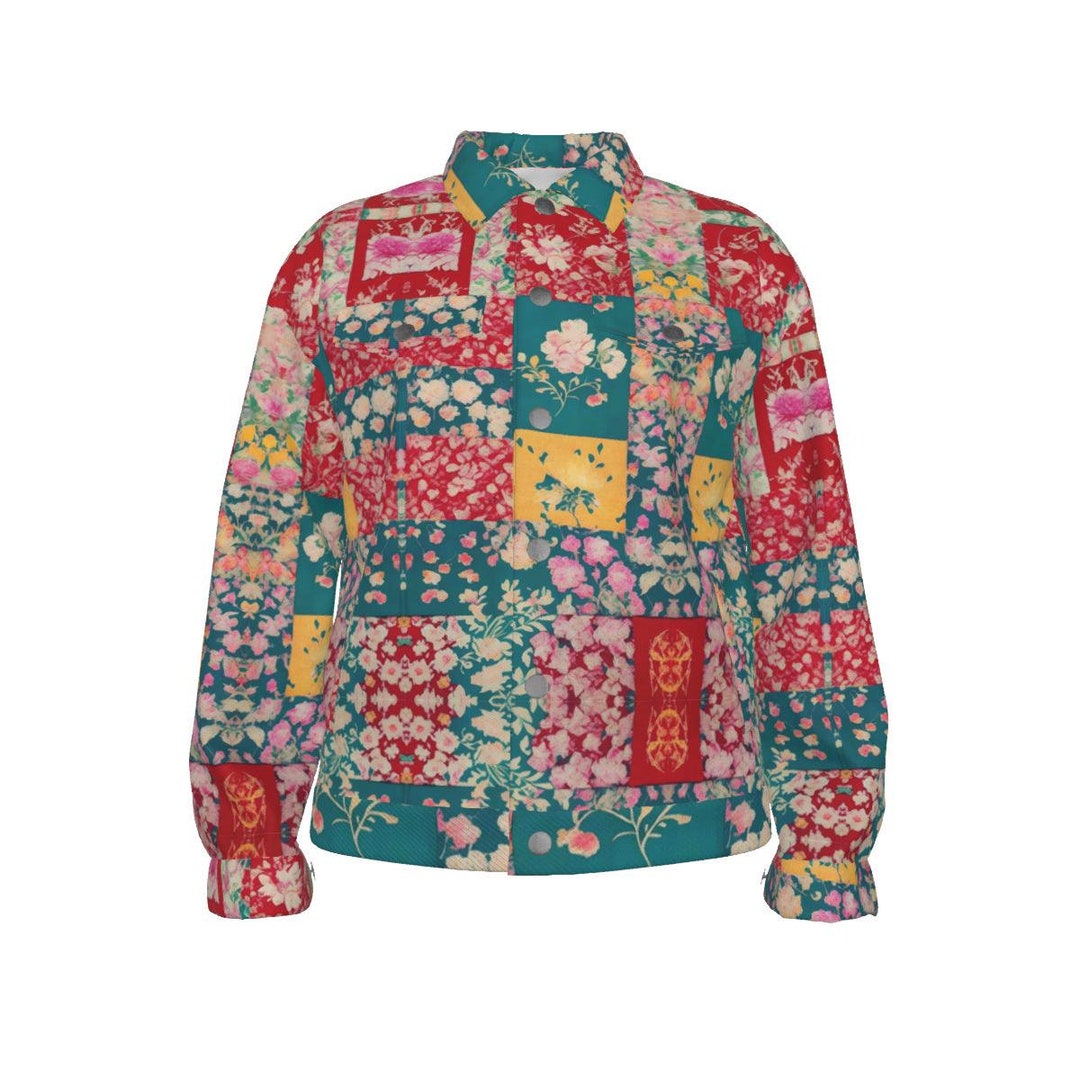 Red Floral Patchwork Cotton Denim Jacket Casual Lightweight Shacket ...