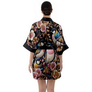 Cherry Blossom Birds Satin Kimono , Floral Short Sleeve Robe, Bohemian ...