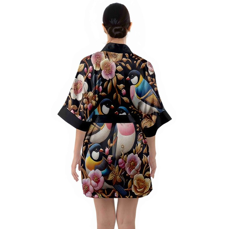 Cherry Blossom Birds Satin Kimono , Floral Short Sleeve Robe, Bohemian ...