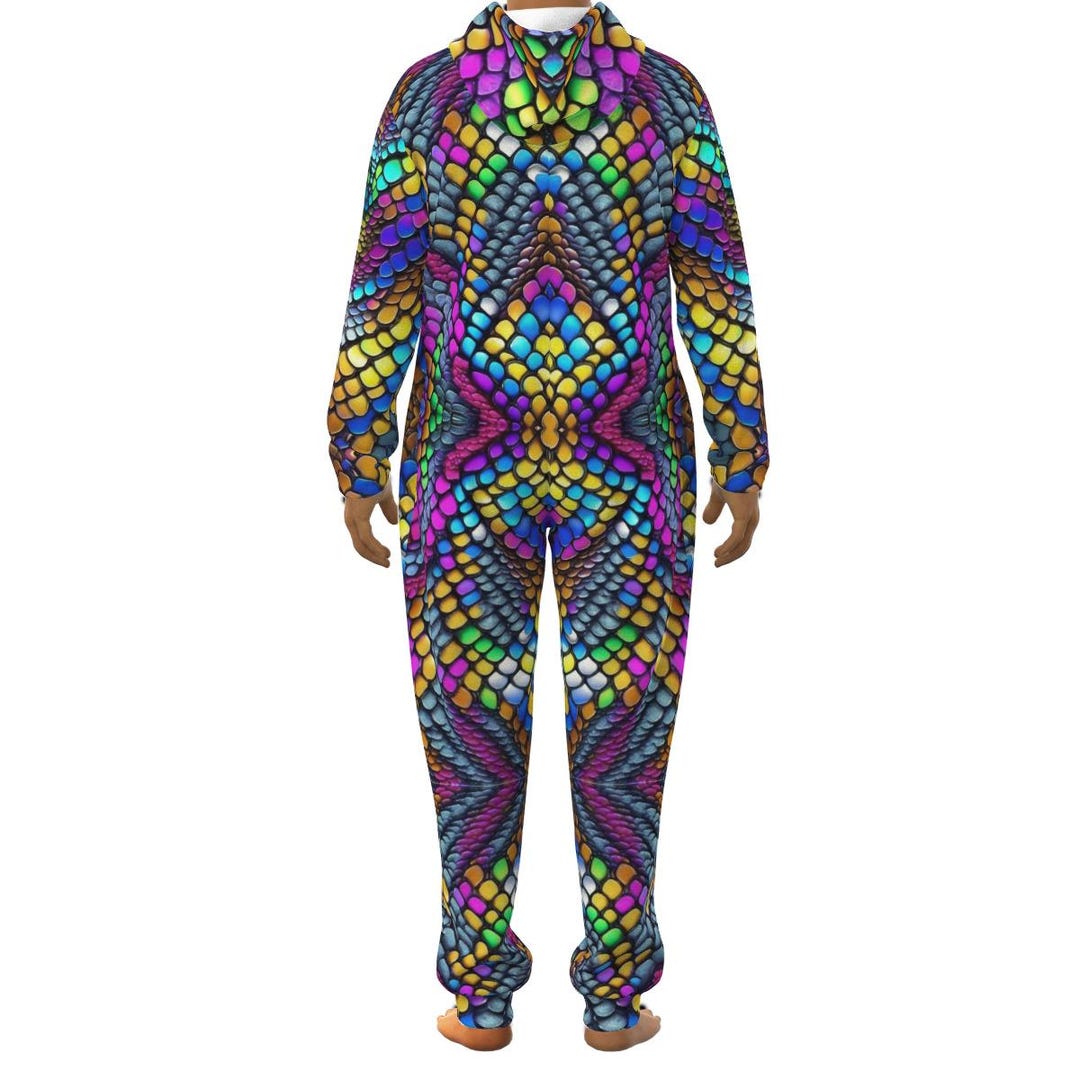 Psychedelic Fish Scales Mens One Piece Jumpsuit, Animal Print, Long ...