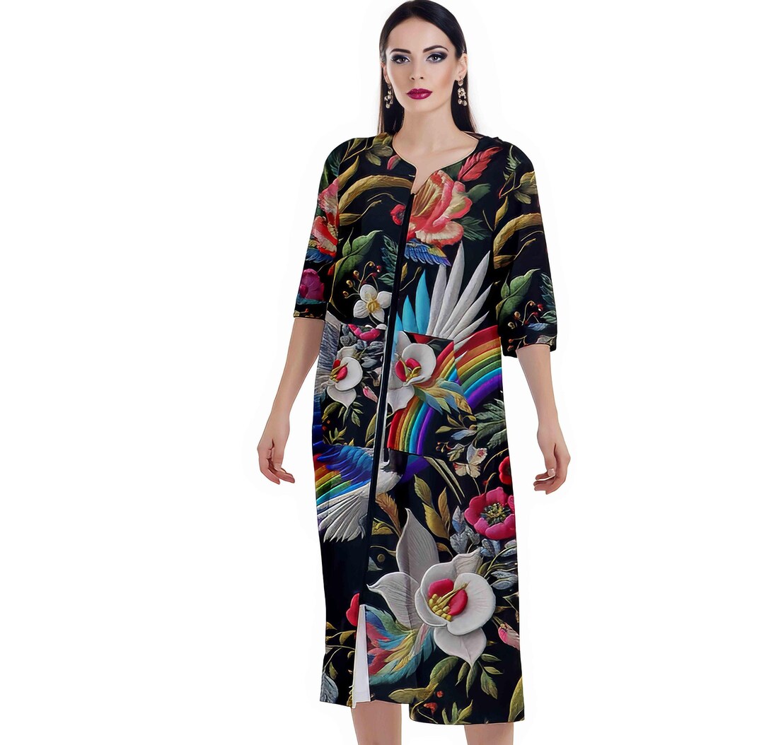 Cotton Crane Nightgown, Rainbow Caftan, Floral Duster, Gift for Mom, Boho Night Dress ,bohemian ...