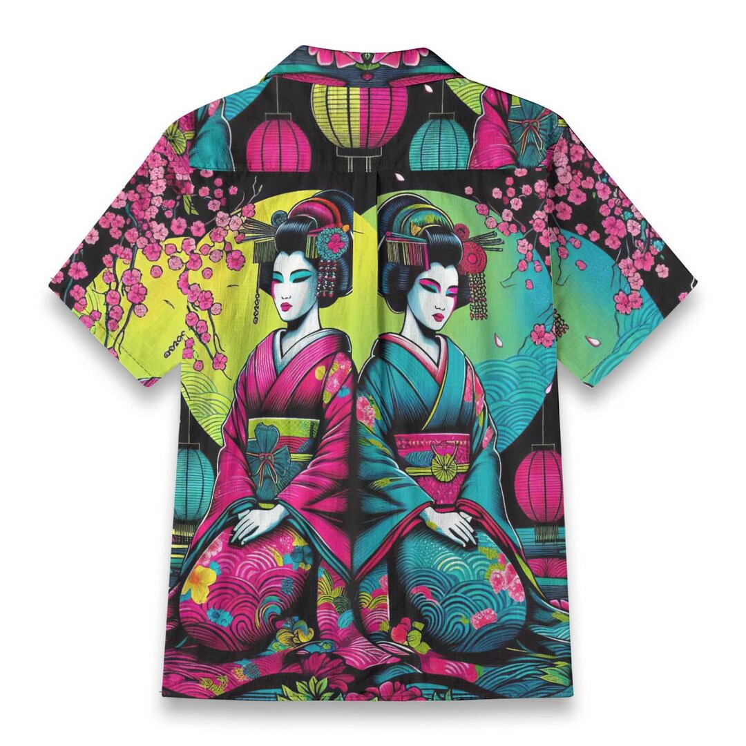 Neon Geisha Girls Cotton Retro Bowling Shirt Hawaiian Short Sleeve Mens ...