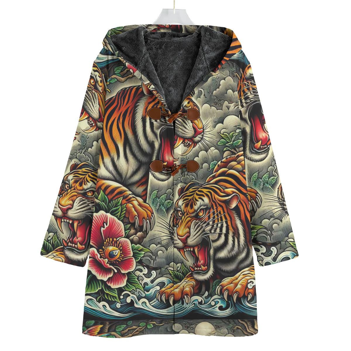 Tiger Tattoo Long Cotton Jacket, Sherpa Fleece Overcoat, Hooded Cloak ...
