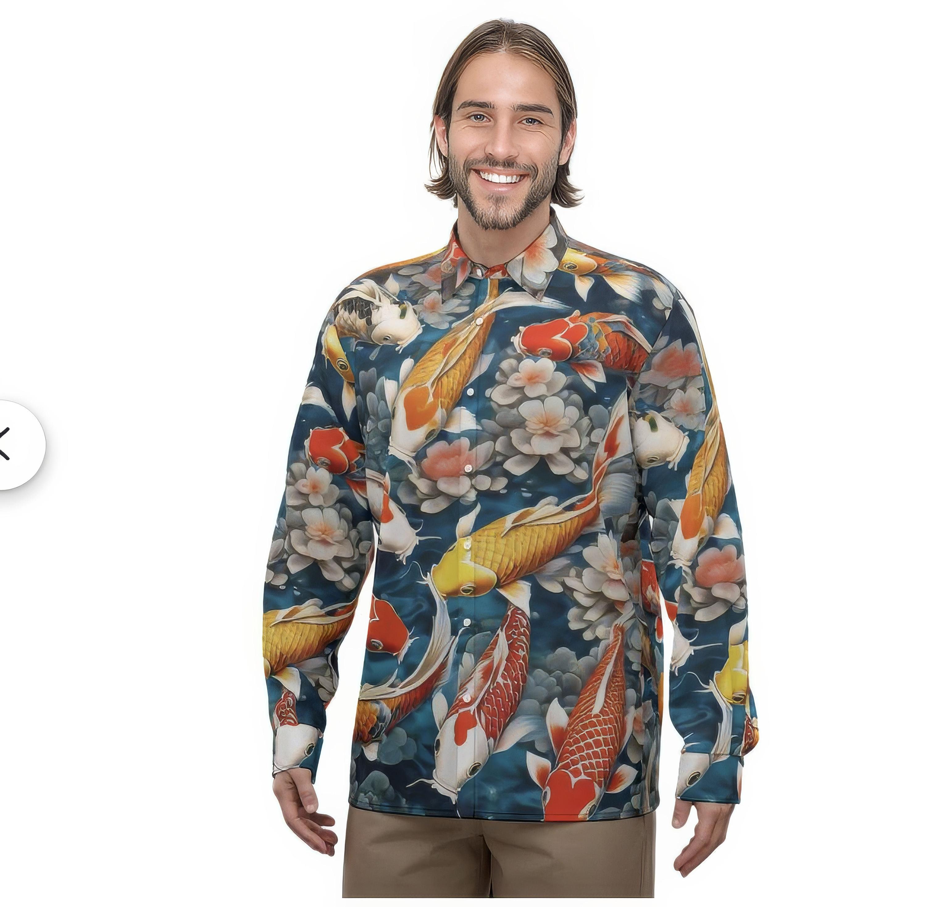 Koi Fish Satin Shirt, Mans Tattoo Dress Shirt, Graffiti Button Down ...