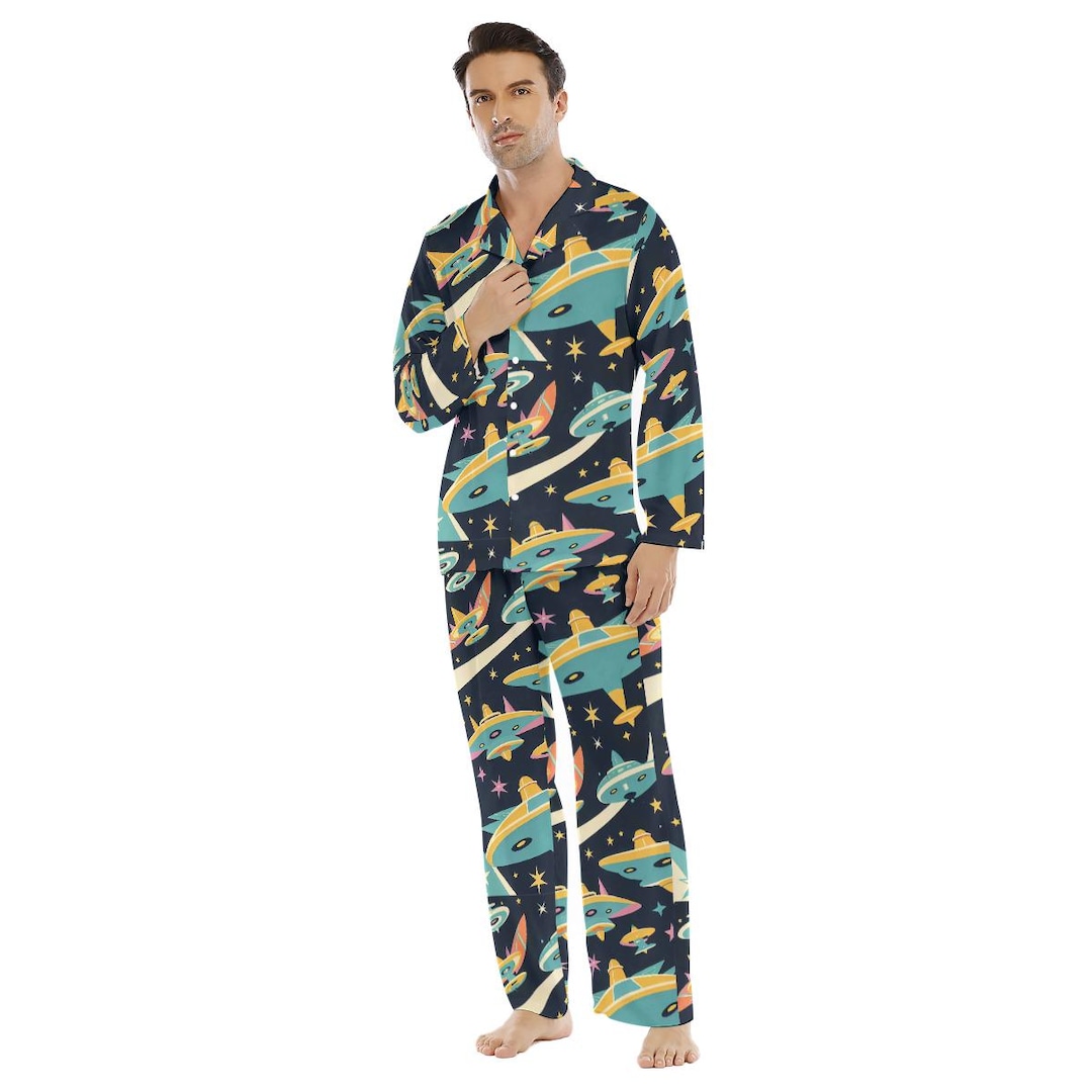 Jet Age UFO Mens Satin Pajamas Button Down Sleepwear Set Gift for Him ...