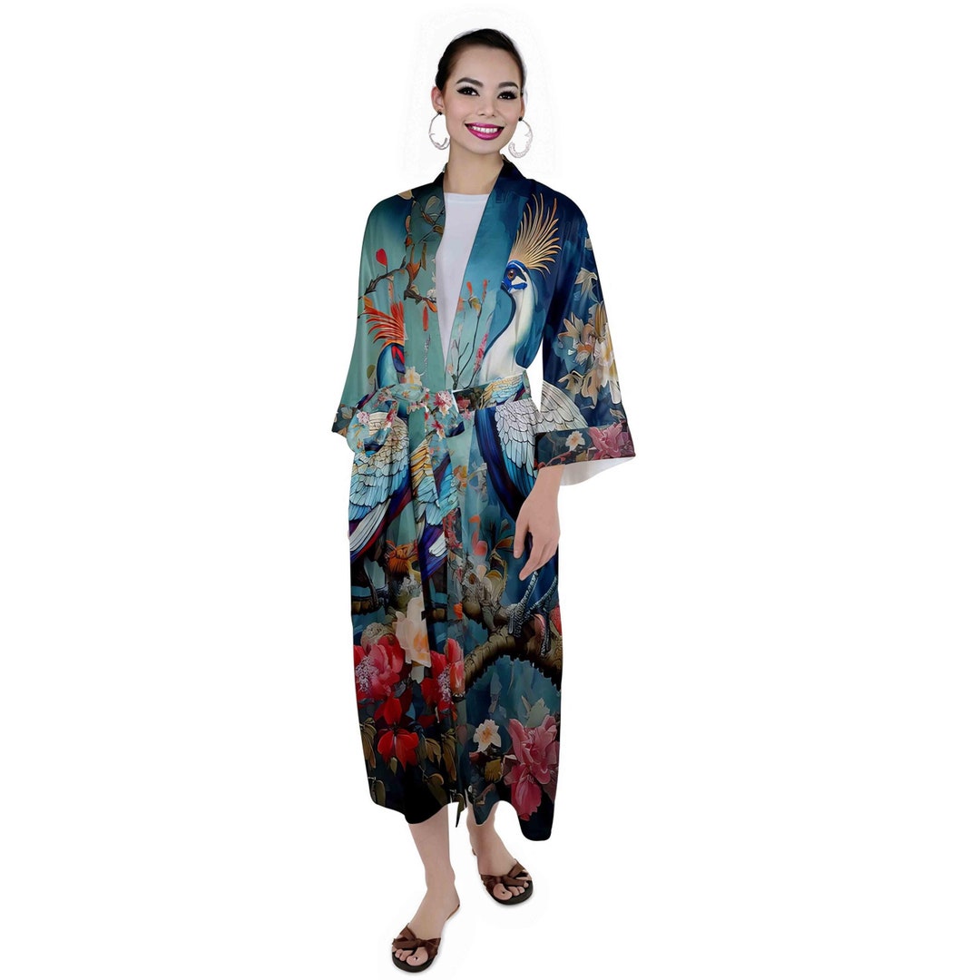Blue Ombré Floral Satin Kimono, Cherry Blossom Bird Robe,maxi Long ...