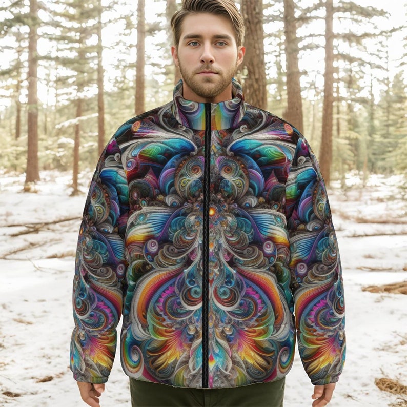 Trippy Rainbow Puffer Coat, Genuine Duck Down Jacket, Quilted Unisex ...
