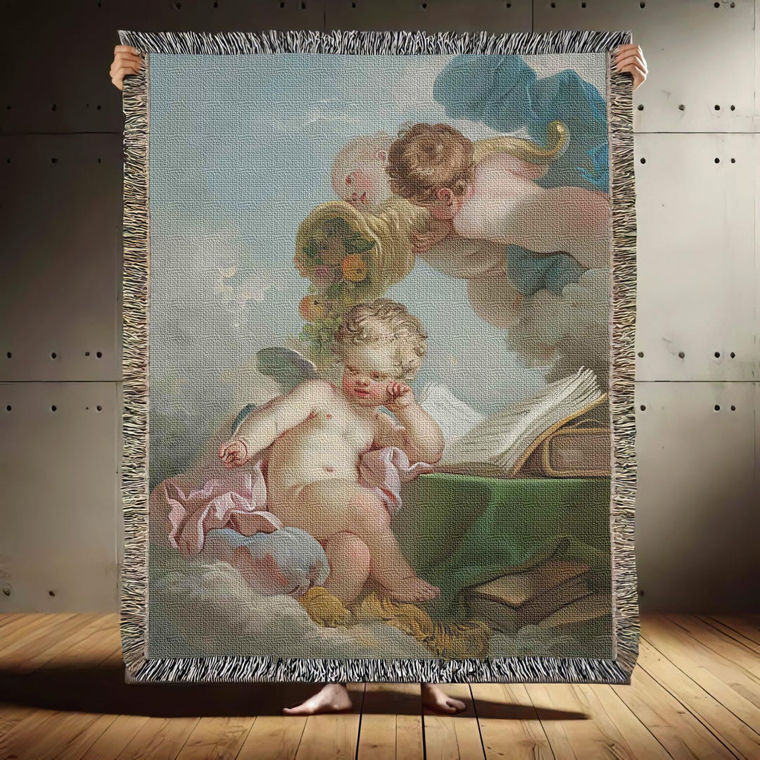 Fragonard Cherub Cotton Woven Blanket, Putti Throw Cherubim Couch Cover ...